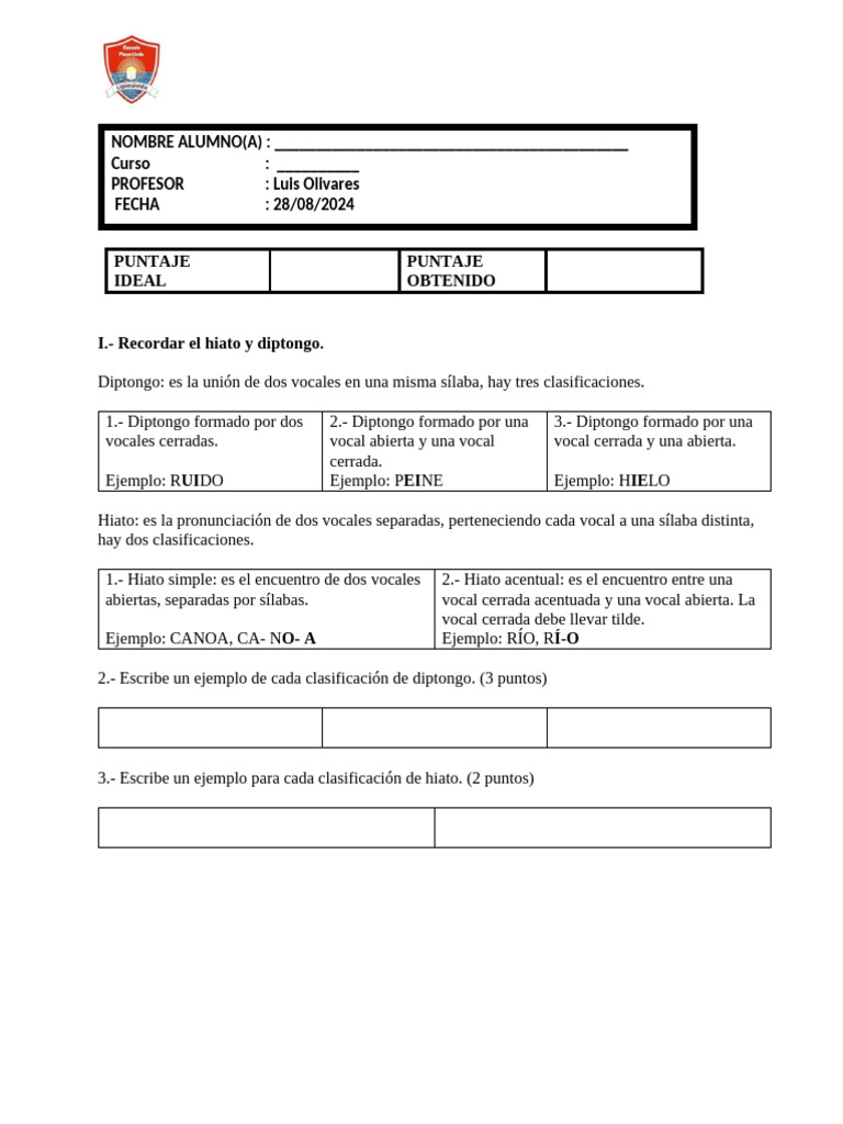Hiato y Diptongo Evaluación | PDF | Sílaba | Lingüística