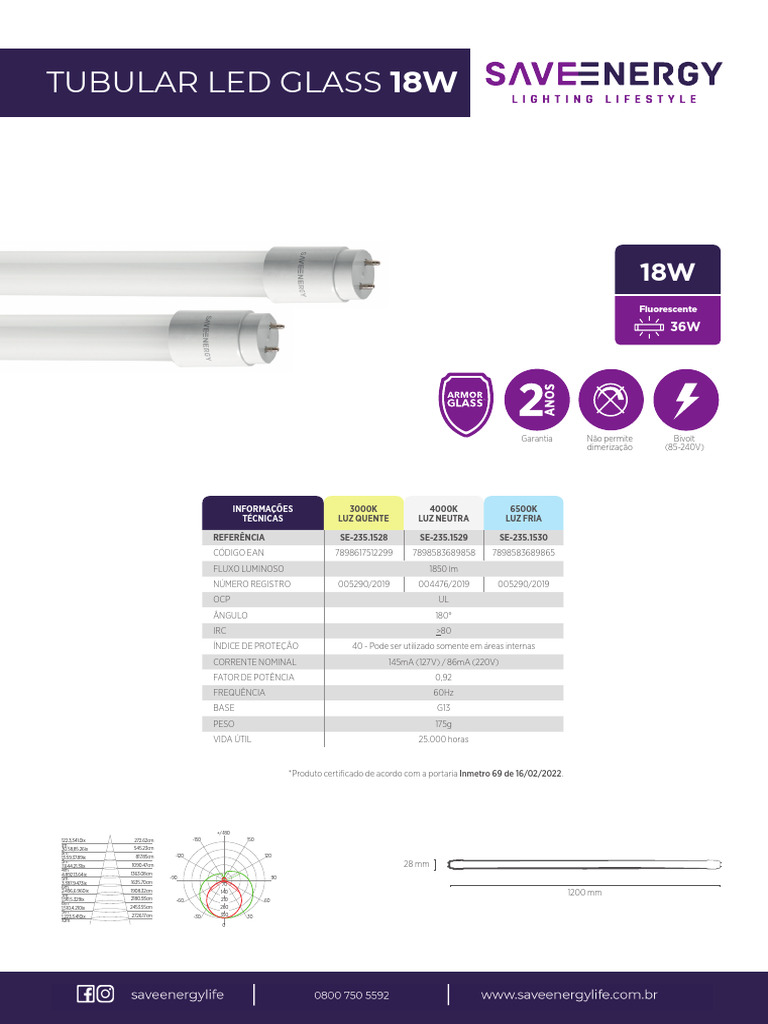 Tubular LED Glass 18W: Especificações Técnicas | PDF