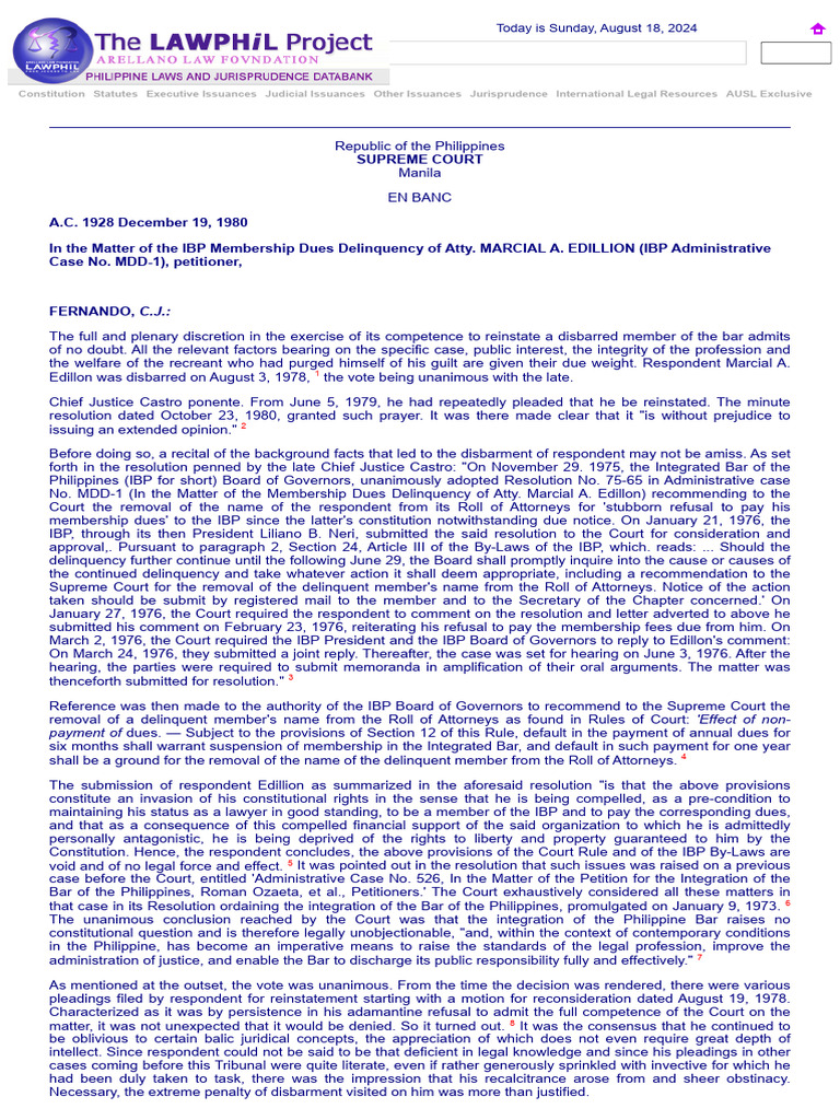 In Re Edillon 84 Scra 554 - Reinstatement | PDF | Lawyer | Disbarment