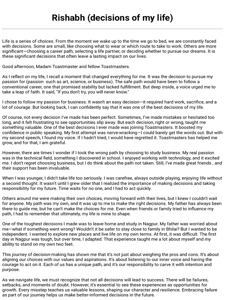 Rishabh (Decisions of My Life) | PDF