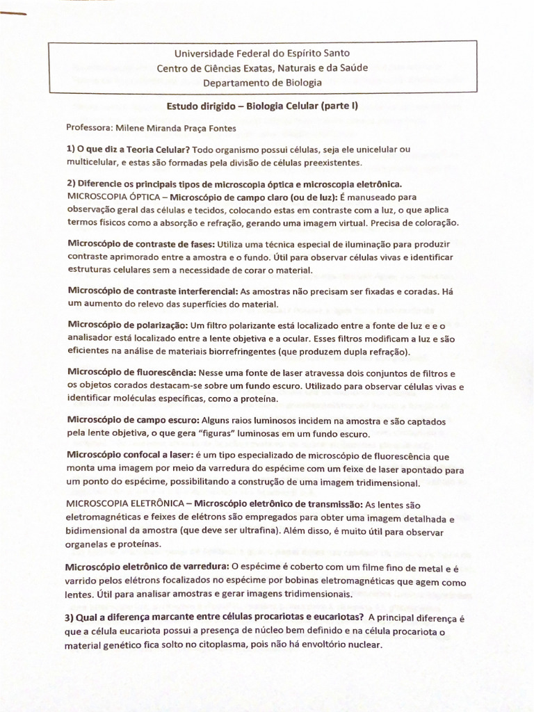 Estudo Dirigido Biocel 1 | PDF