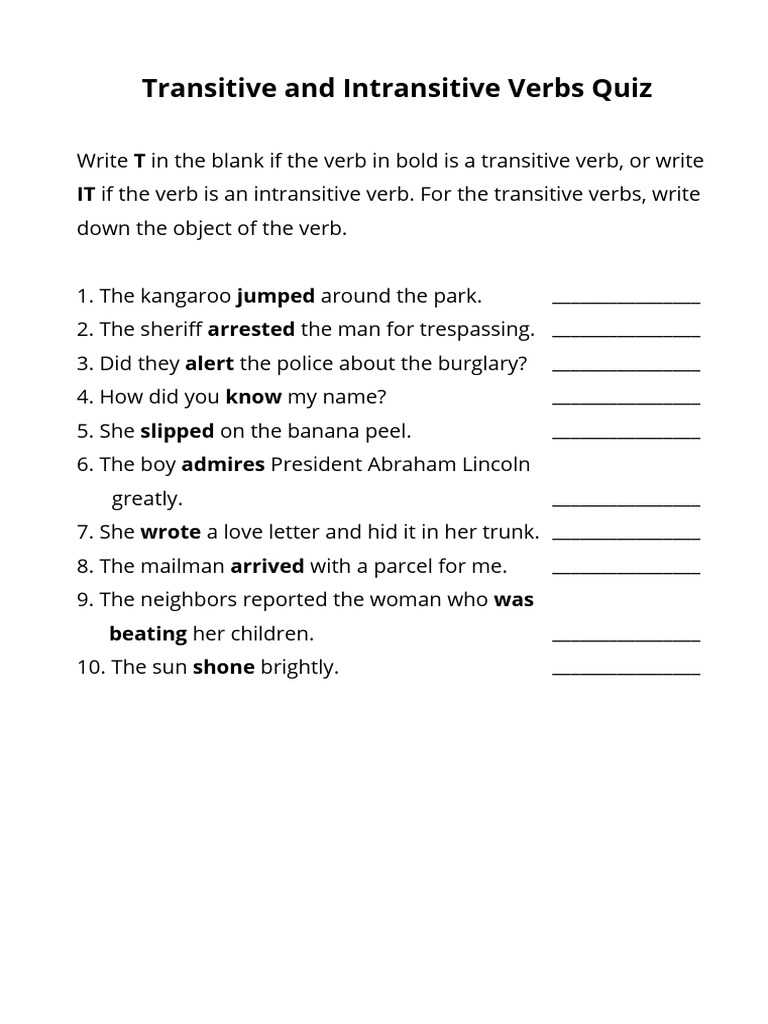 Transitive and Intransitive Verbs Quiz | PDF