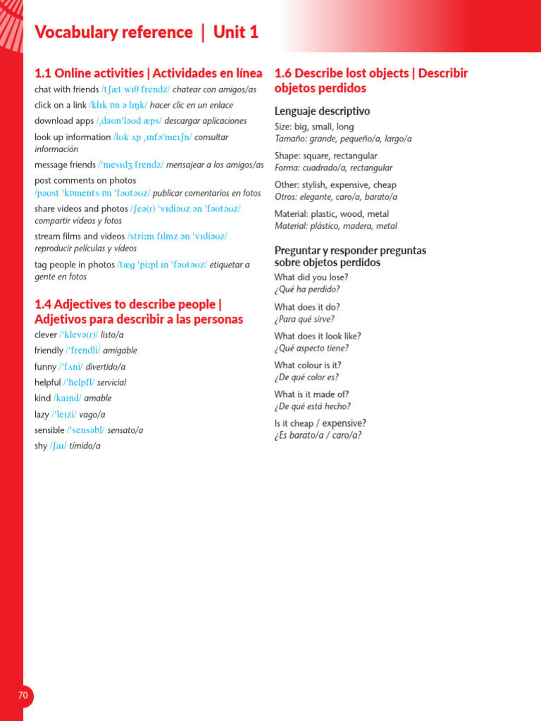 Vocabulary Reference Unit 1 | PDF | Artes del Lenguaje y Comunicación