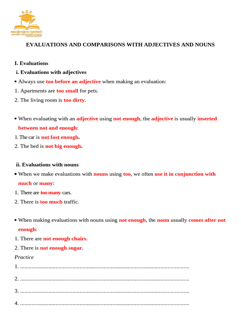 Evaluation and Comparison with Adjectives and Nouns | PDF | Adjective ...