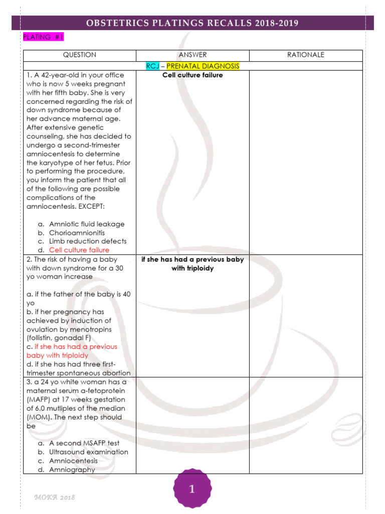 Obstetrics Recall Questions 2018-2019 | PDF | Miscarriage | Pregnancy