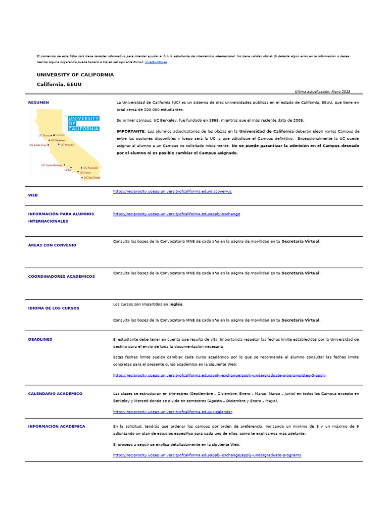 Ficha+USA+CALIFORNIA 2023 | PDF | Universidad de California