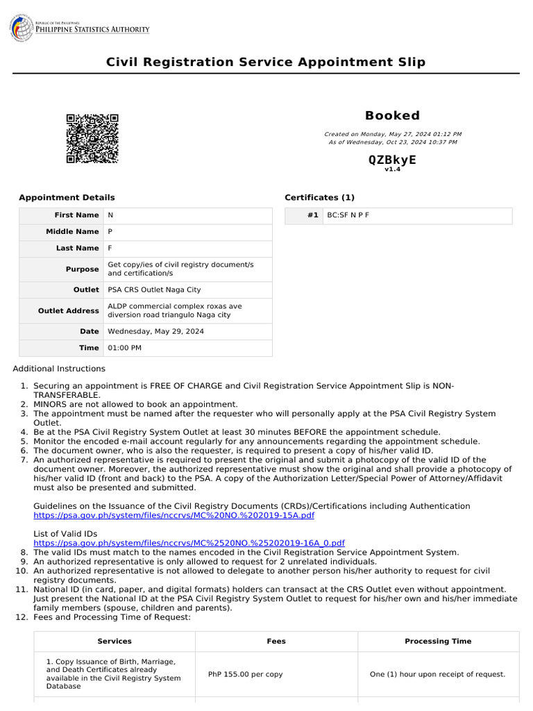 Civil Registration Service Appointment Slip: Qzbkye | PDF | Government