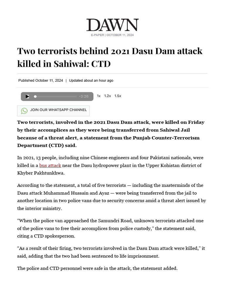 Terrorists Killed in Dasu Dam Attack Case | PDF | Human Rights Abuses ...