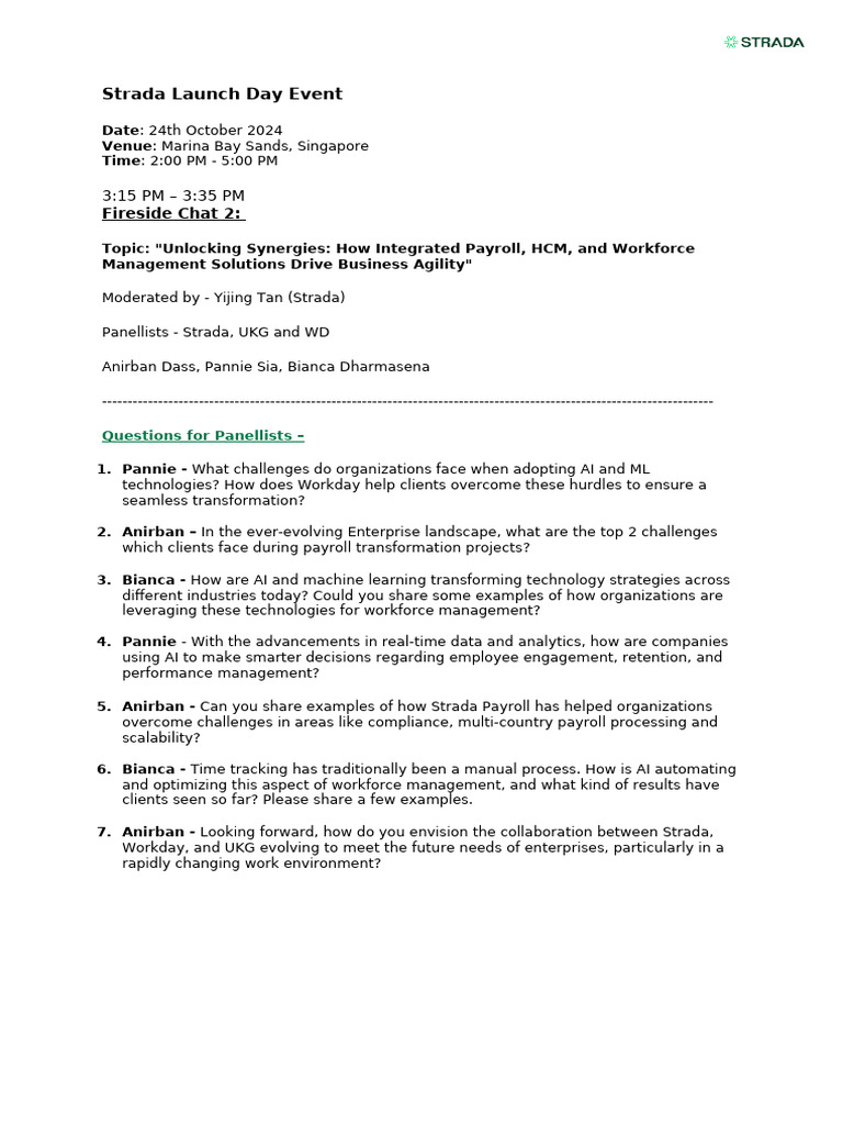 Fireside Chat 2 - Questions - Strada, Workday & UKG - 1.1 | PDF | Business