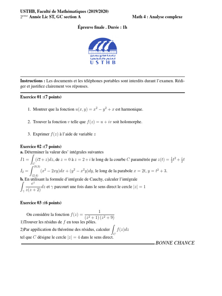 Examen Math 4 - Analyse Complexe USTHB | PDF | Fonctionnalités et ...
