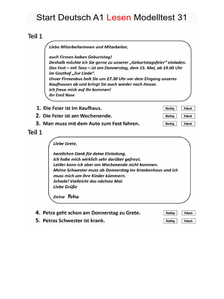 Lesen 31 - A1 Modelltest | PDF