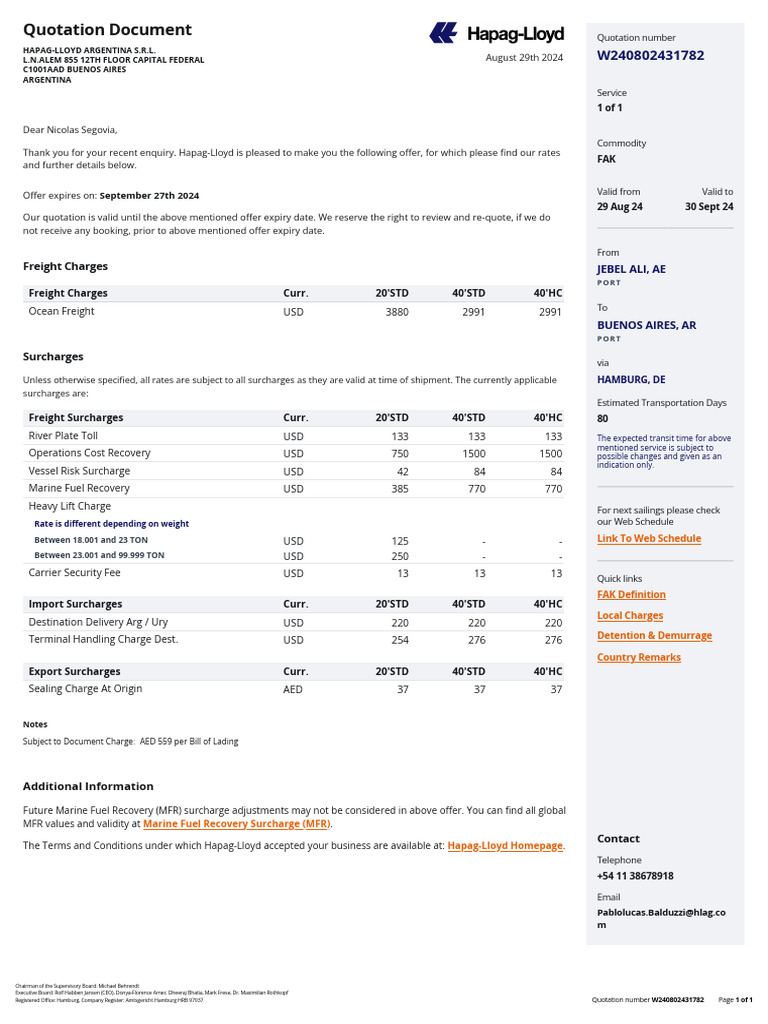 Quotation W240802431782 AEJEA ARBUE | PDF | Cargo | Transport