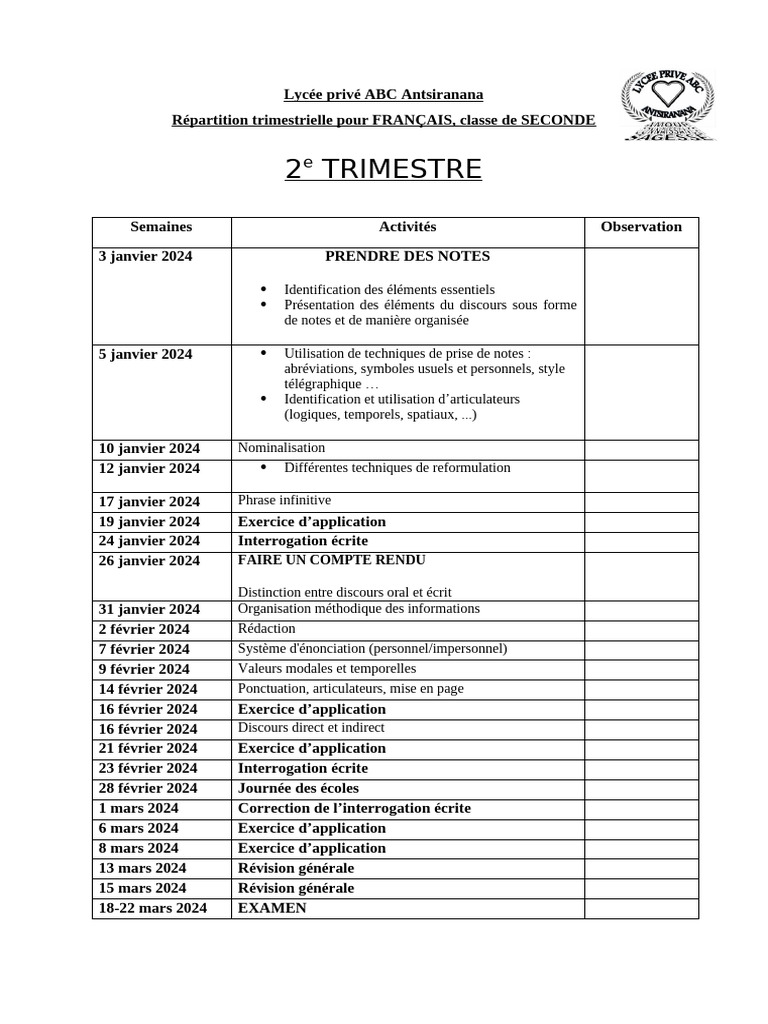 Répartition Trimestrielle Français Seconde | PDF