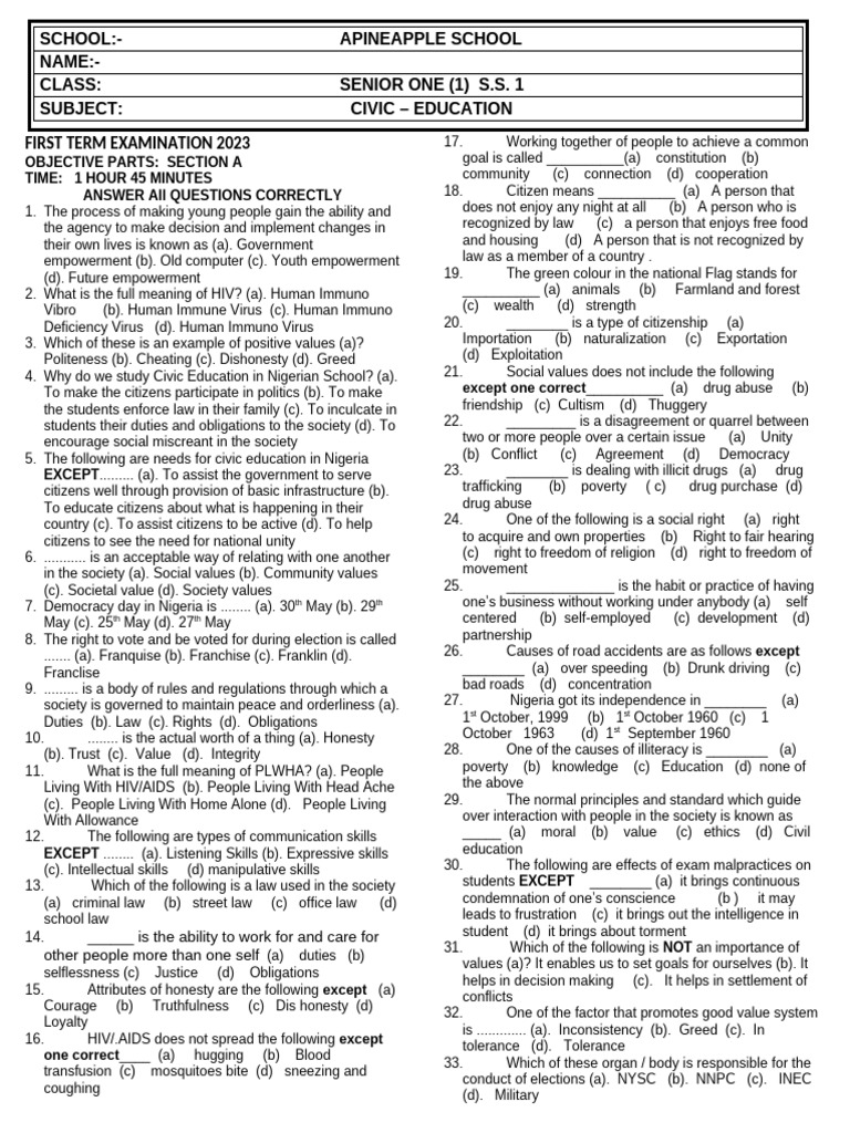 SS1 Civic Education First Term Exam 2023 | PDF | Hiv/Aids | Justice