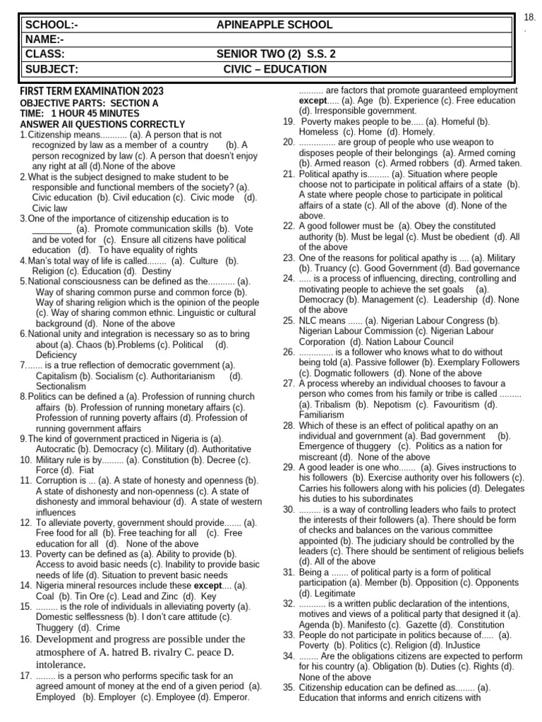 SS2 Civic Education First Term Exam | PDF | Citizenship | Elections