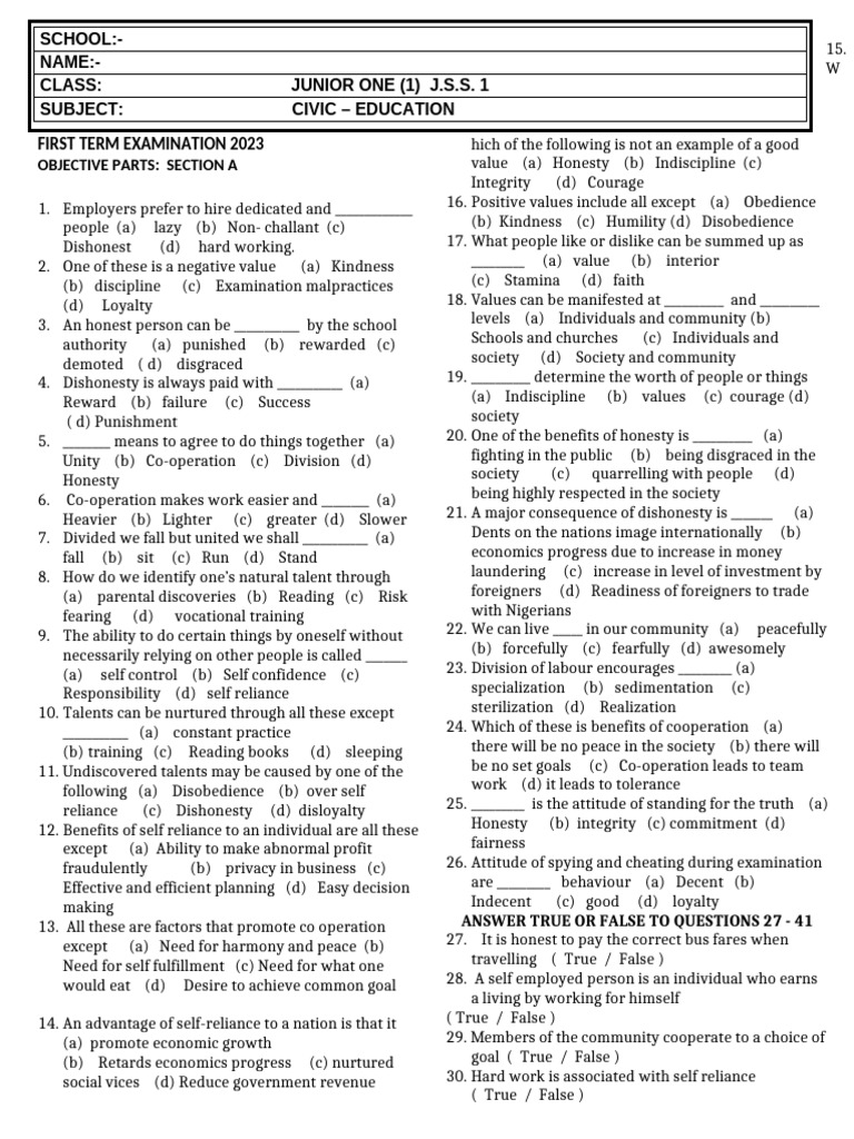 Civic Education JS1 Marking G.1ST T Exam | PDF | Social Psychology