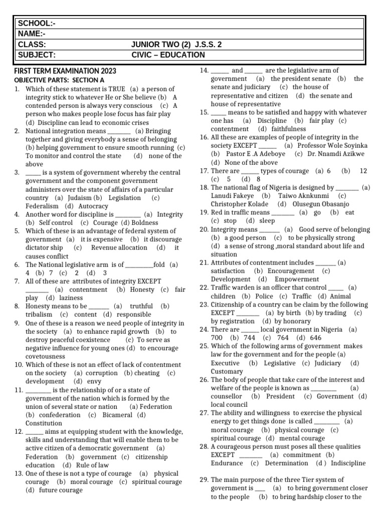 Civic Education JS2 Marking G.1ST Term Exam | PDF | Courage | Integrity