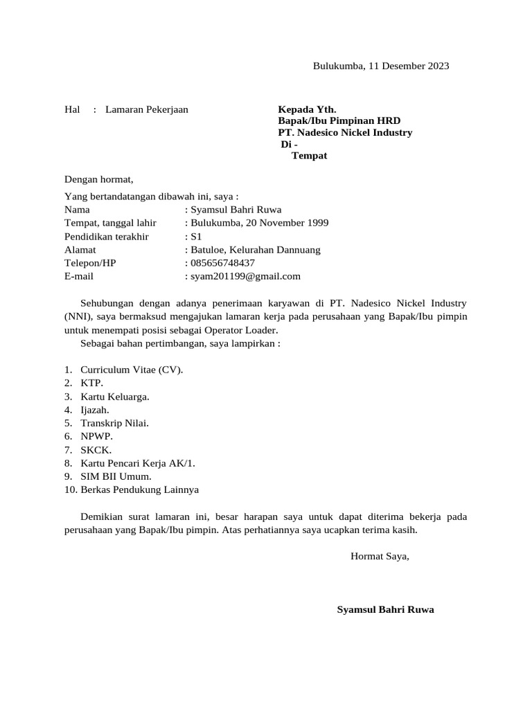 Surat Lamaran PT Imip 2021 | PDF