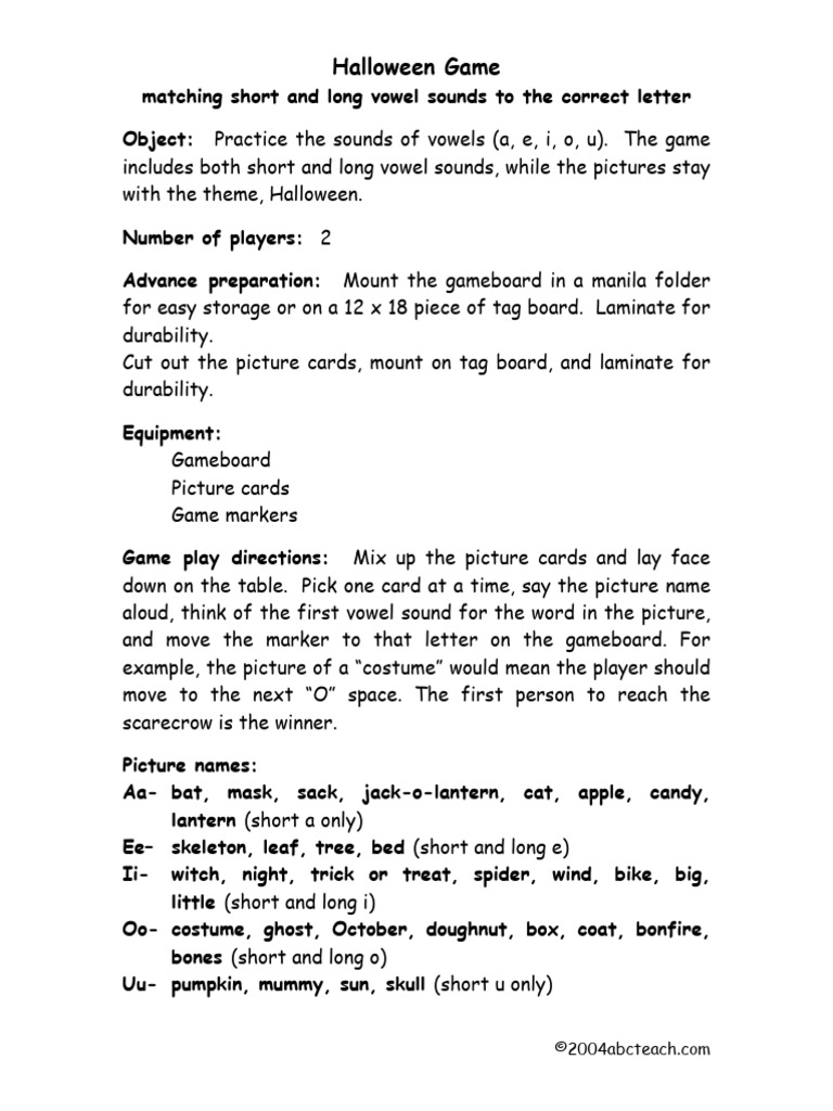 Halloween Vowel Sounds Matching Game | PDF | Language Arts & Discipline ...
