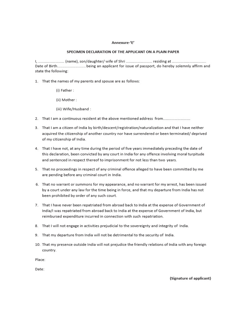 Annexure E Declaration for Passport | PDF | Politics | Social Science