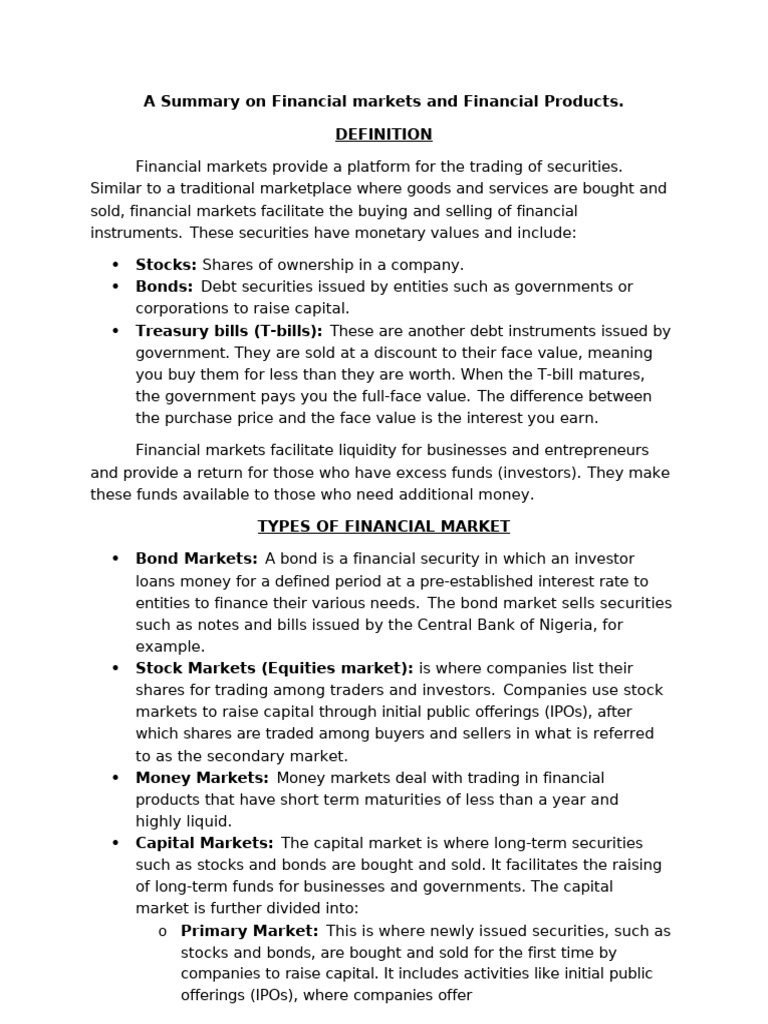 Summary of Financial Markets and Financial Products | PDF | Stocks | Securities (Finance)