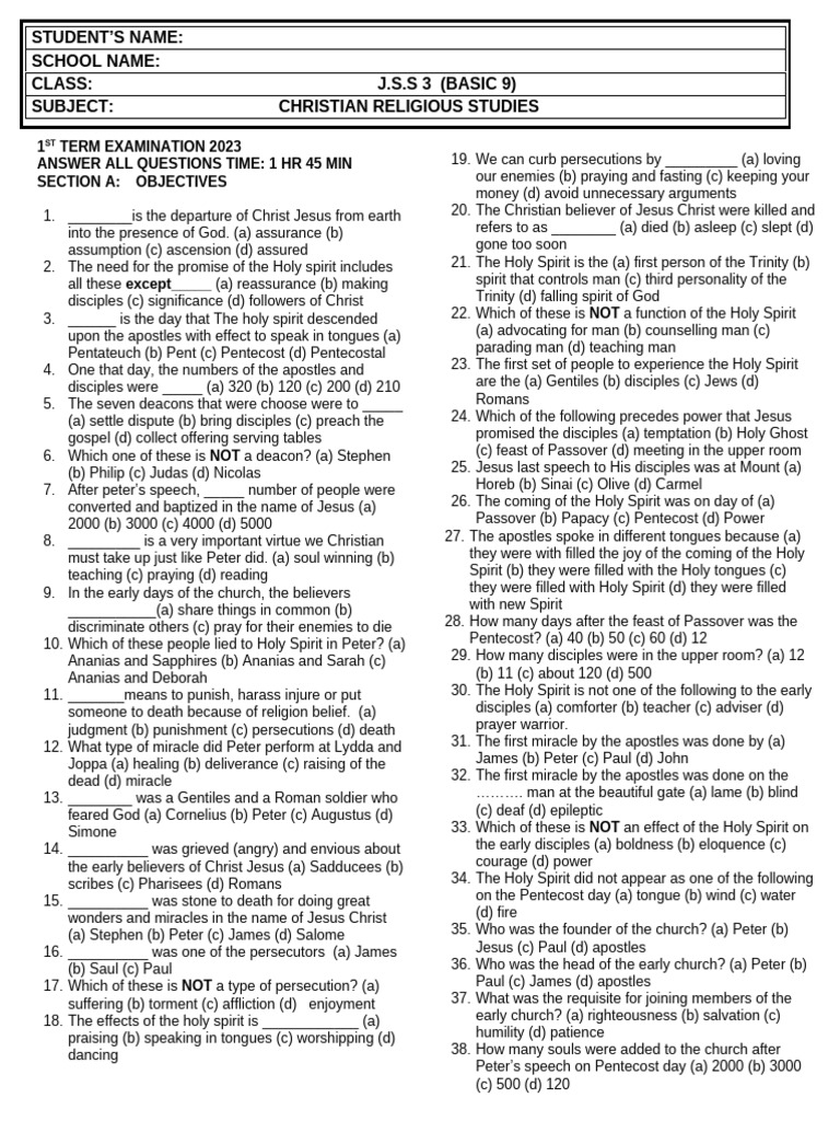 JSS3 First Term CRS Exam Questions | PDF | Paul The Apostle | Jesus