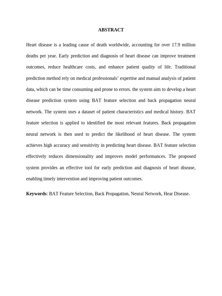 Abstract on Predicting of Heart Disease in Patient Using BAT Feature ...