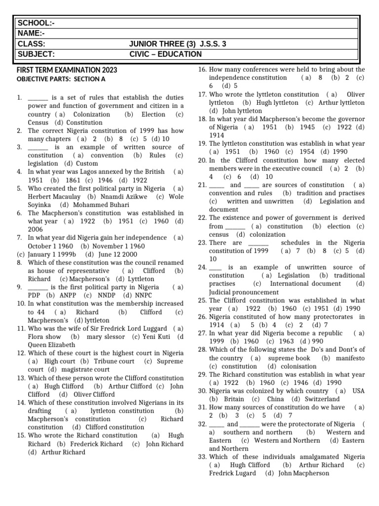 Civic Education JS3 Marking G.1ST Term Exam | PDF | Justice | Crime & Violence