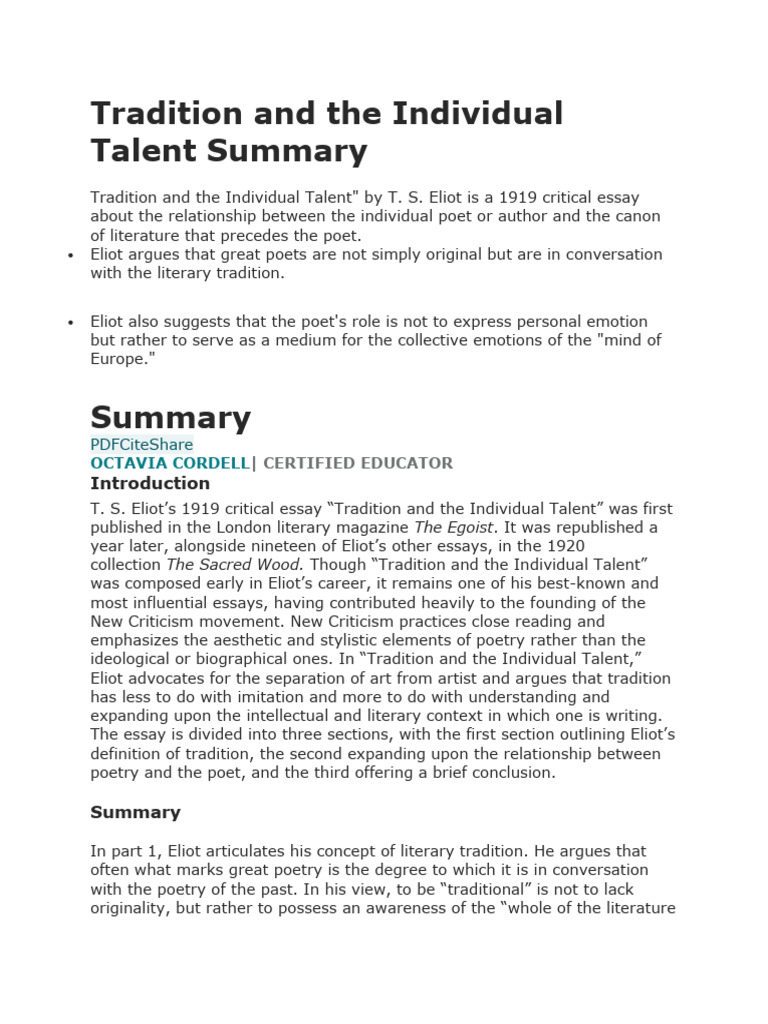 Tradition and the Individual Talent Summary | PDF