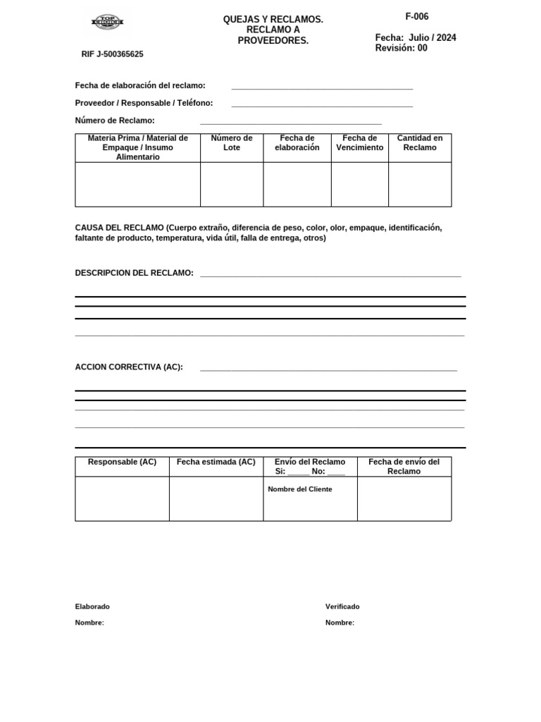 Formulario de Reclamos a Proveedores | PDF