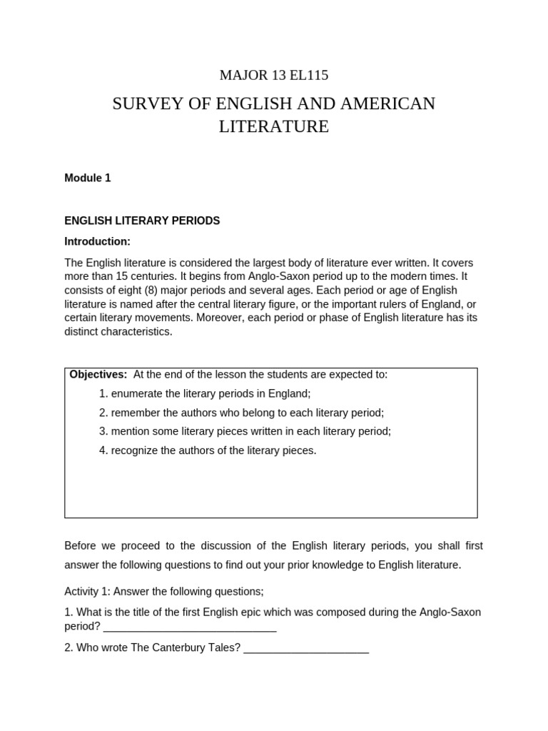 Module 1 English and American Literature | PDF