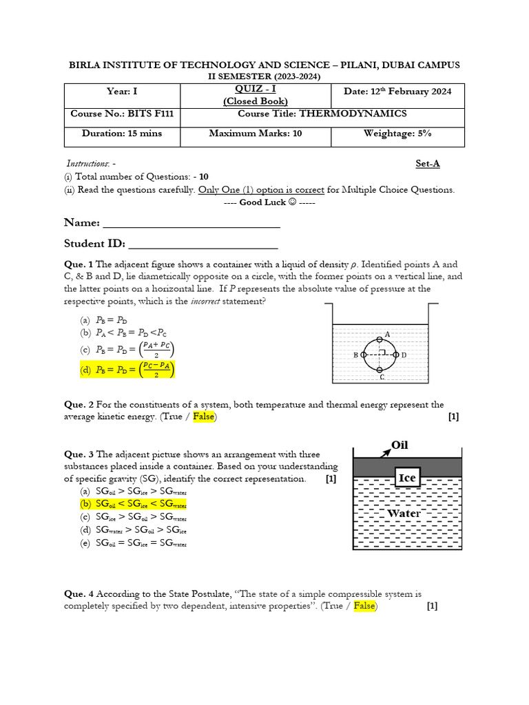 BITS F111 - Quiz-I Exam - Sol | PDF | Pressure | Thermodynamics
