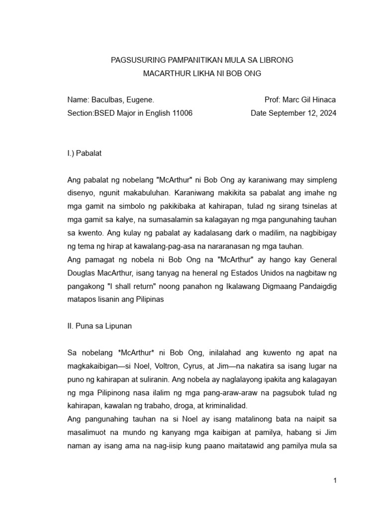 Pagsusuring Pampanitikan Mula Sa Librong - Macarthur Likha Ni Bob Ong | PDF