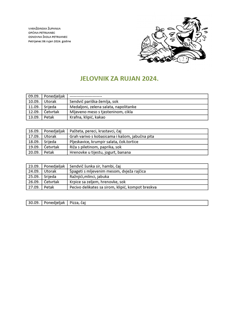 Jelovnik Rujan 2024 Petrijanec | PDF