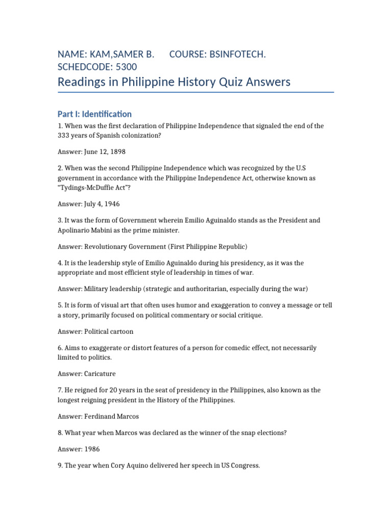 Philippine History Quiz Answers | PDF