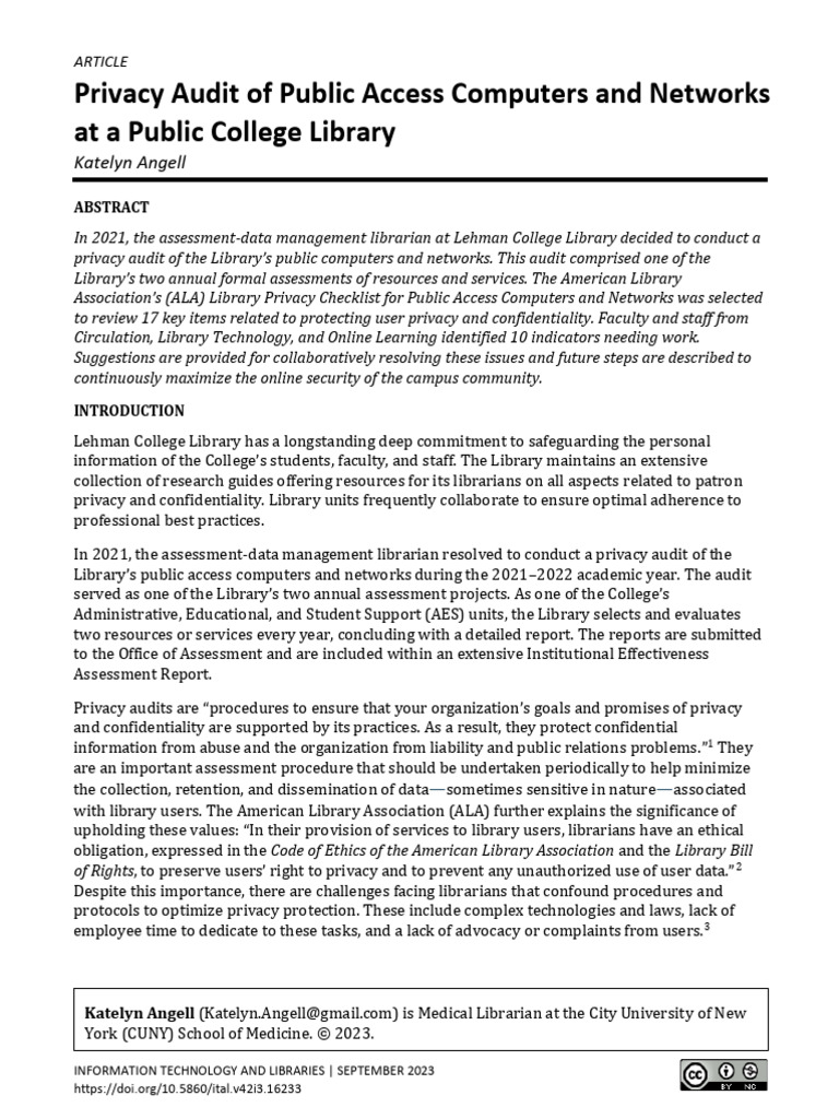 ART-Angell-Privacyauditofpublicaccesscomputers-2023 | PDF | Libraries | Privacy