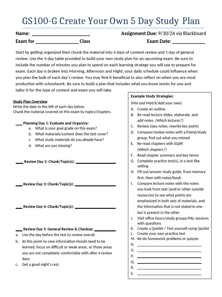 Assignment Sheet - Five-Day Study Plan - Fall 2024.final | PDF