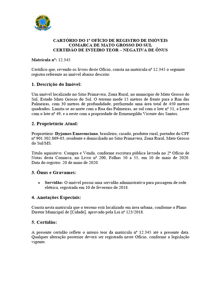 Certidao Interior Teor - Sitio Primavera | PDF