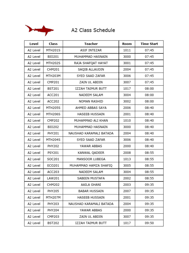 A2 Class Schedule (timewise) | PDF