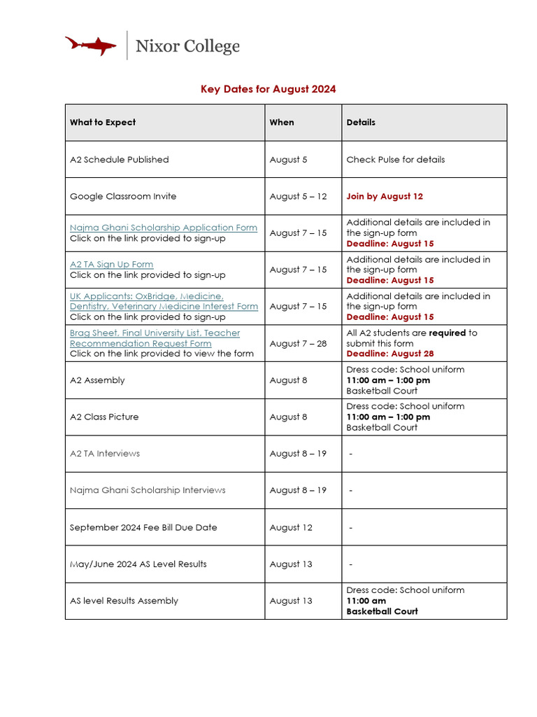 Key Dates for August 2024 | PDF