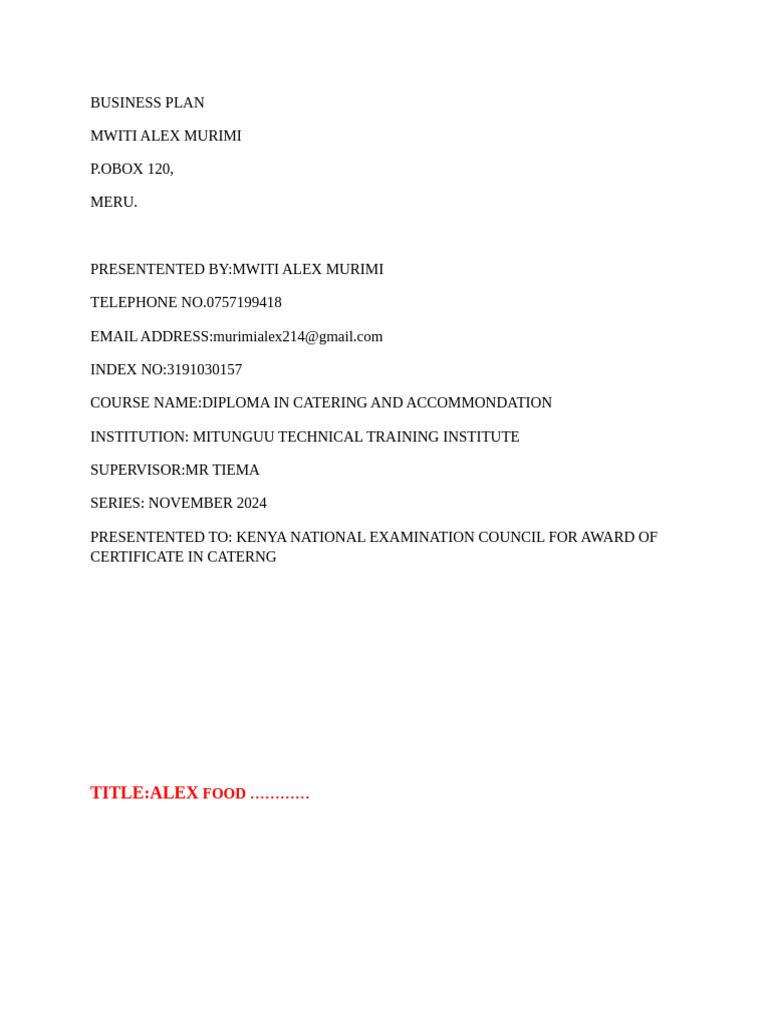 Mwiti Alex Murimi Business Plan 2024 | PDF | Restaurants | Pricing