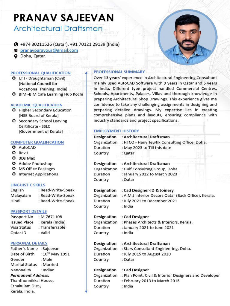 Pranav - Sajeevan - Architectural Draftsman Resume | PDF | Technical Drawing | Computer Aided Design