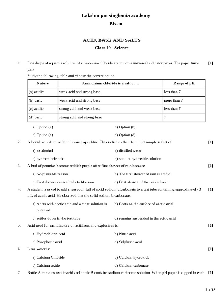 Acid, Base and Salt Worksheet | PDF | Acid | Sodium Carbonate
