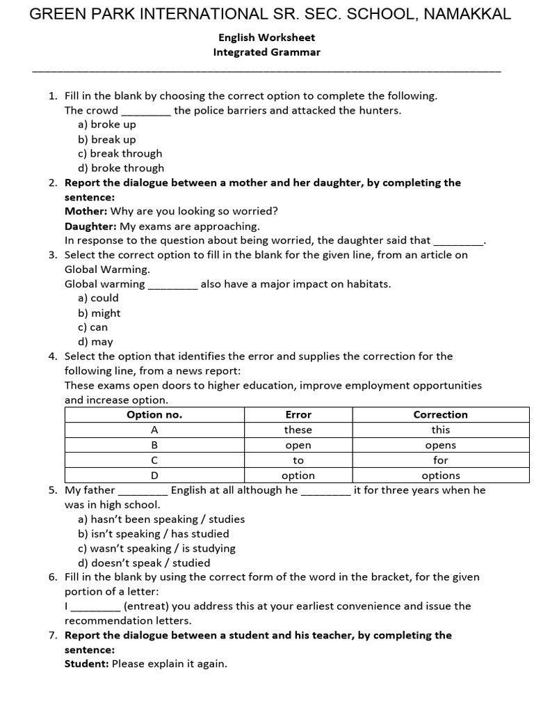Grammar Worksheet_Integrated Grammar (ENGLISH) | PDF