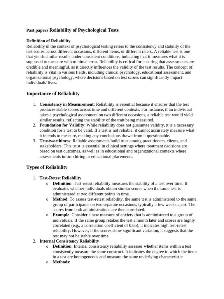 Past Papers Reliability of Psychological Tests | PDF | Validity ...