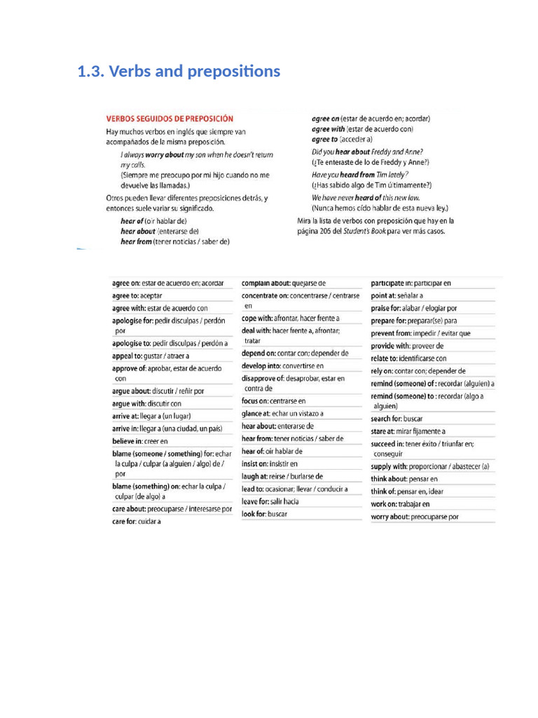 Verbs+ Prepositions Unit 1 | PDF