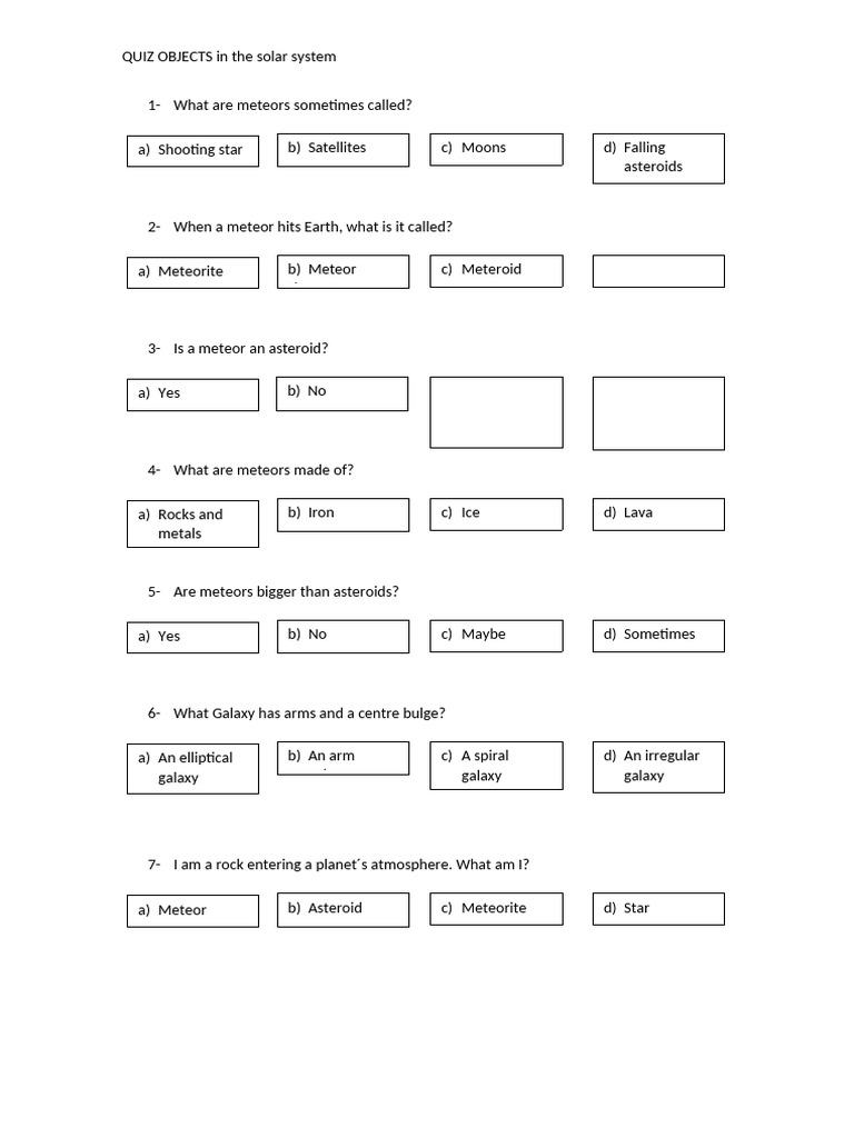 Quiz OBJECTS in The Solar System | PDF | Meteoroid | Solar System