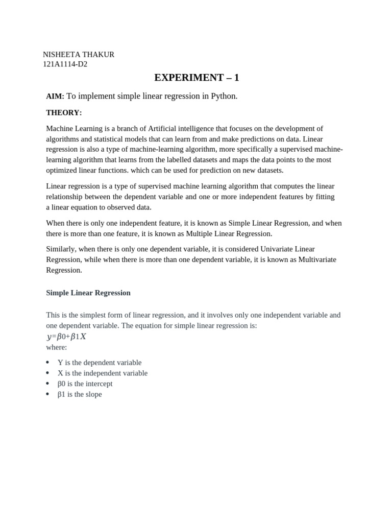 Experiment - 1: To Implement Simple Linear Regression in Python | PDF