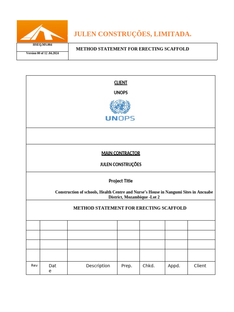 04 Method Statement For Erecting Scaffold Pdf Scaffolding Safety
