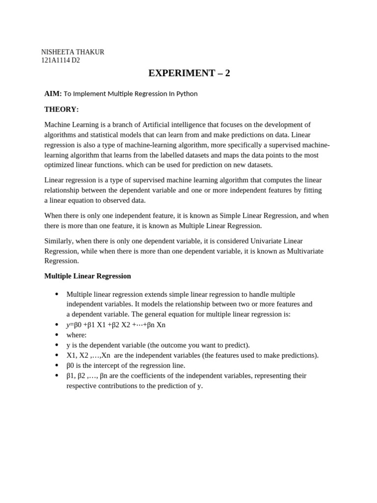 Experiment - 2: To Implement Multiple Regression in Python | PDF
